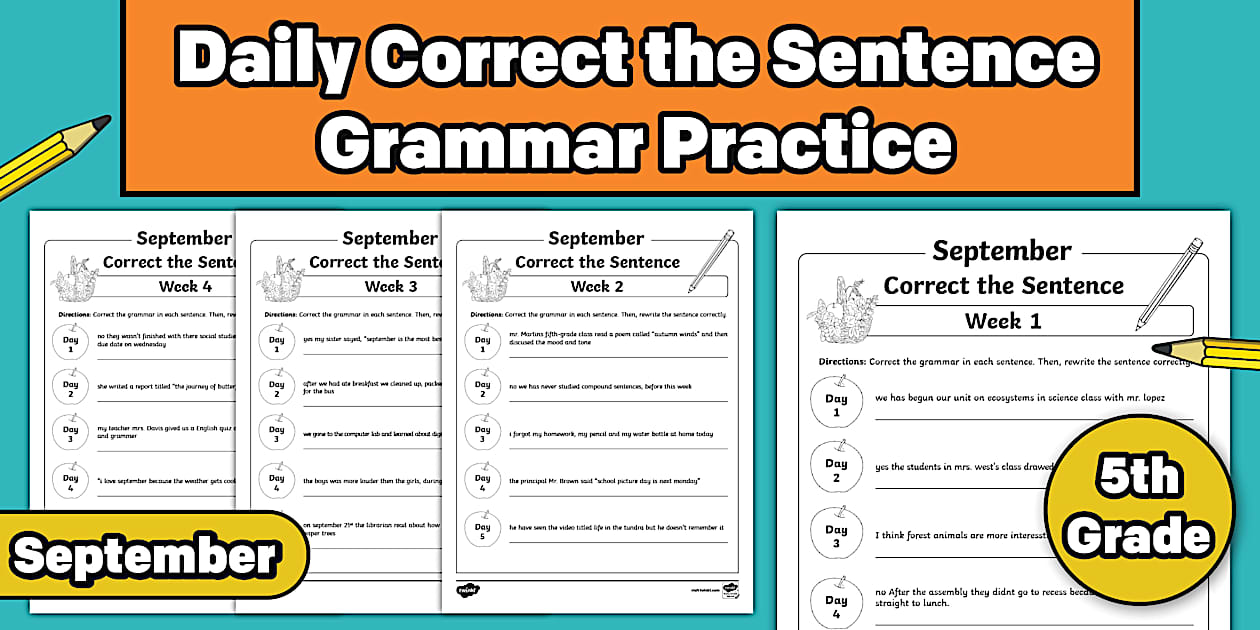 Fifth Grade September Daily Correct the Sentence Grammar