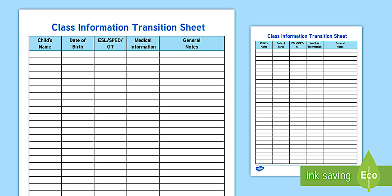Class Information Transition Sheet (teacher made) - Twinkl