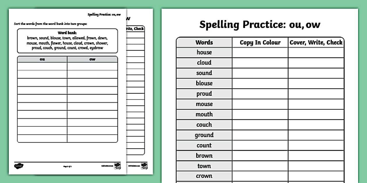 Grade 3 ou , ow Phonics Spelling Practice Sheets - Twinkl