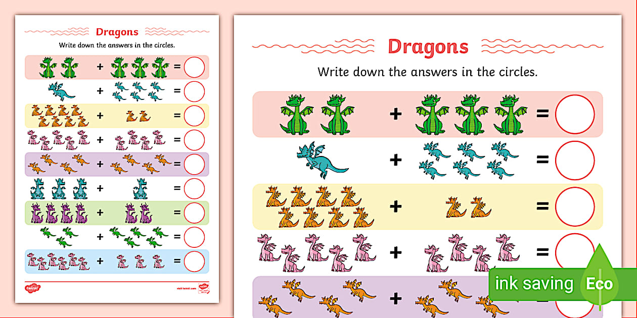 👉 Dragon Up to 10 Addition Sheet, Dragons Adding Activity