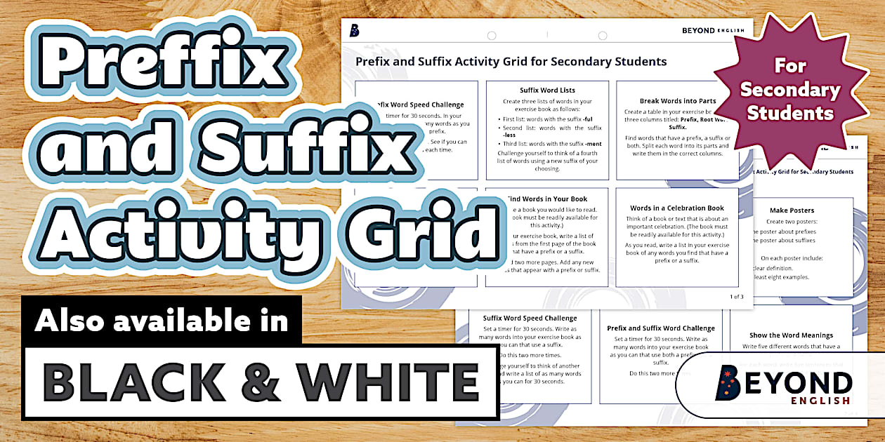 Prefix and Suffix Activity Grid for Secondary Students