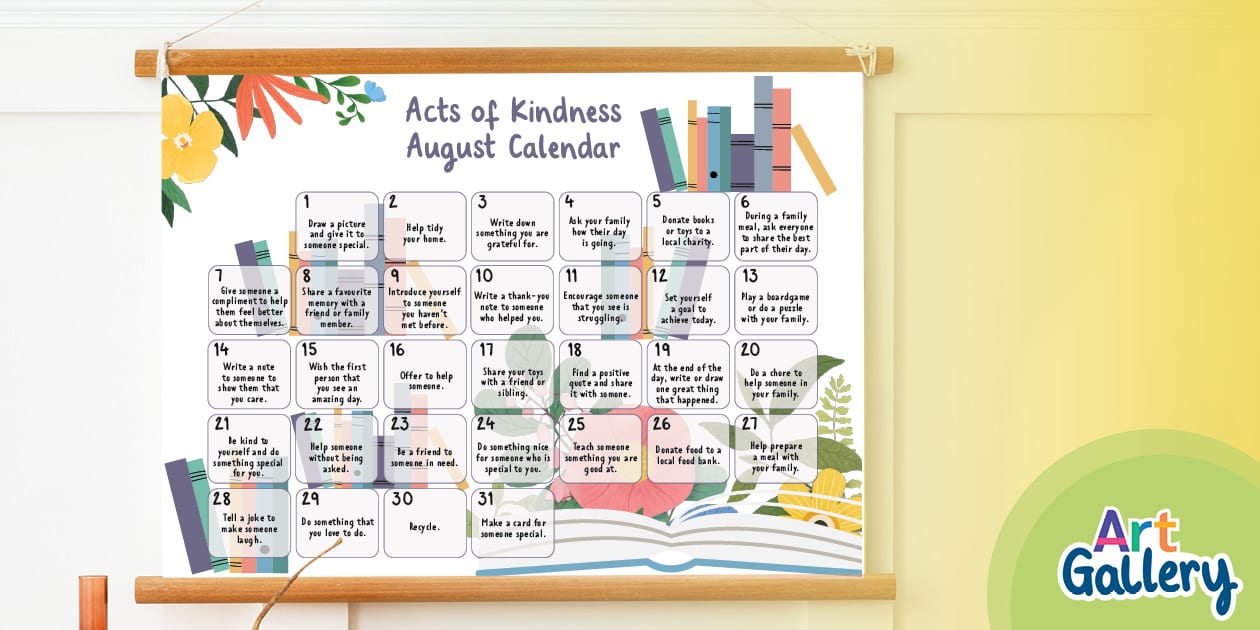 Acts of Kindness August Calendar Book-Themed Poster - Twinkl