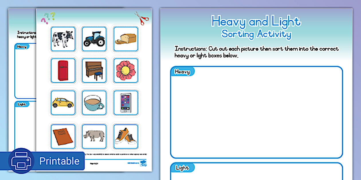 Grade 1 Mathematics: Heavy or Light Sorting Activity