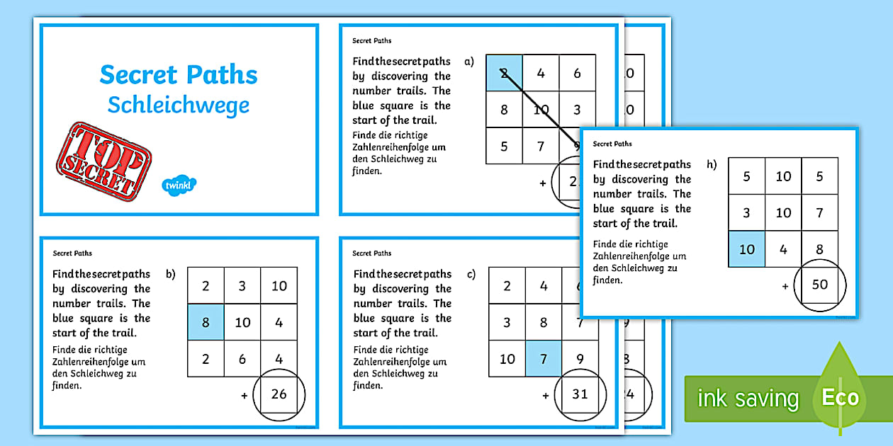 Secret Addition Number Paths Challenge Cards - English/German - Secret
