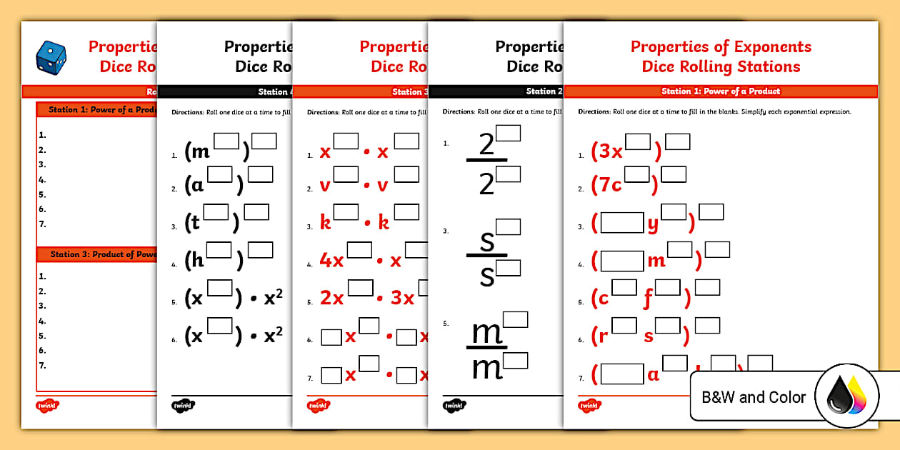 Eighth Grade Properties of Exponents Dice Rolling Stations Worksheet