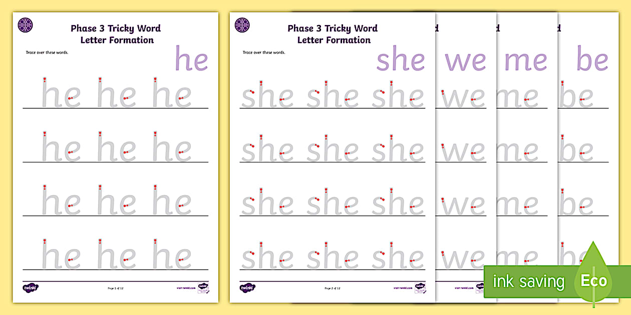 Cursive Middle East Phase 3 Tricky Words Letter Formation Worksheet Pack