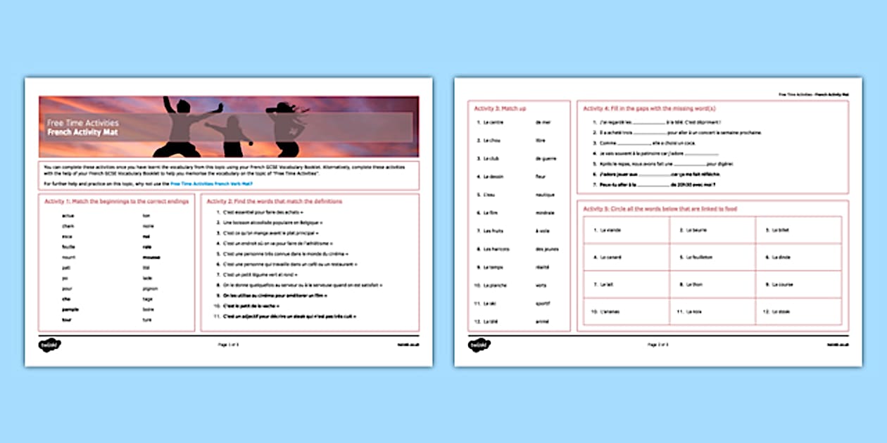 Free Time Activities French Activity Mat