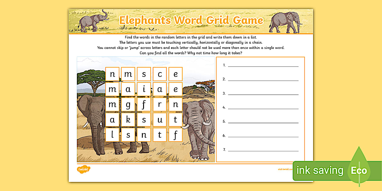 Elephants Word Grid Game (teacher made) - Twinkl