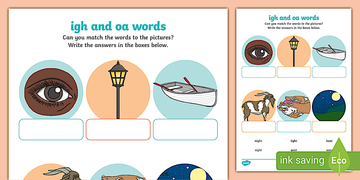 Black and White 'igh' and 'oa' Sounds Matching Activity Worksheet