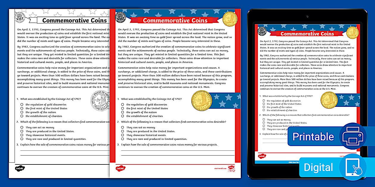 Sixth Grade Commemorative Coins Reading Passage Worksheet
