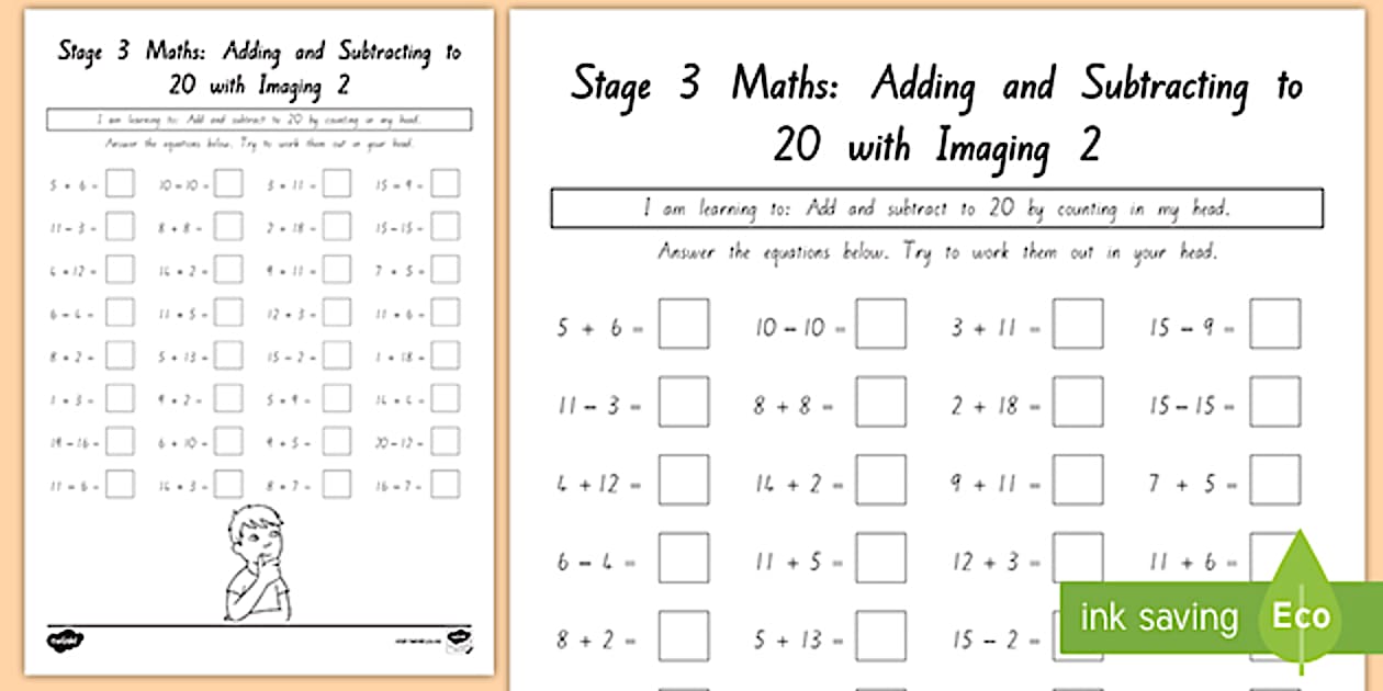 Stage 3 Maths Adding and Subtracting within 20 with Imaging 2 Worksheet