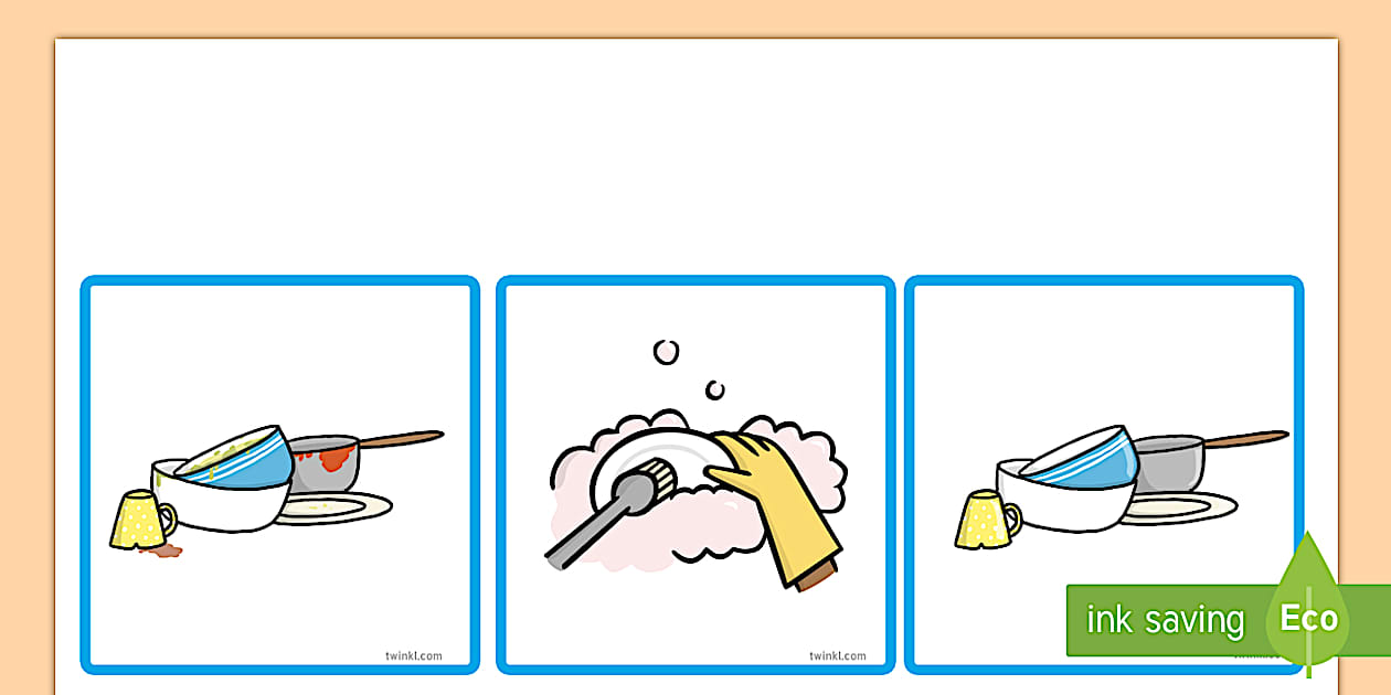 Three-Step Sequencing Cards: Washing Dishes - Twinkl