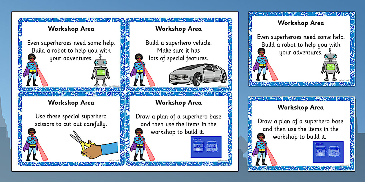 EYFS Superhero Themed Workshop Area Challenge Cards - superhero
