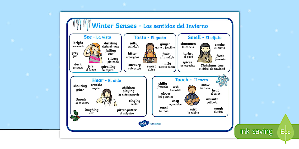 Winter Senses Word Mat - English / Spanish - Winter Senses Word Mat