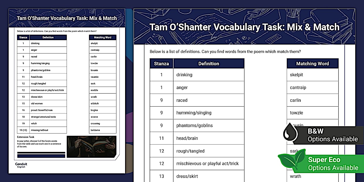 Tam O'Shanter Vocabulary Task: Mix & Match (Teacher-Made)