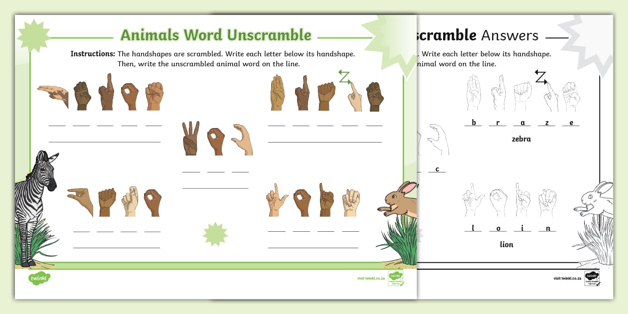 SASL Animals Word Unscramble Worksheet (teacher made)