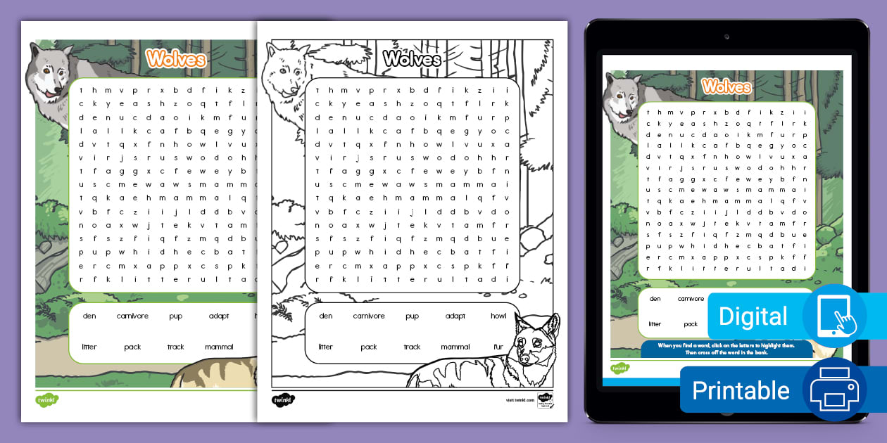 Wolves Word Search for K-2nd Grade (Teacher-Made) - Twinkl