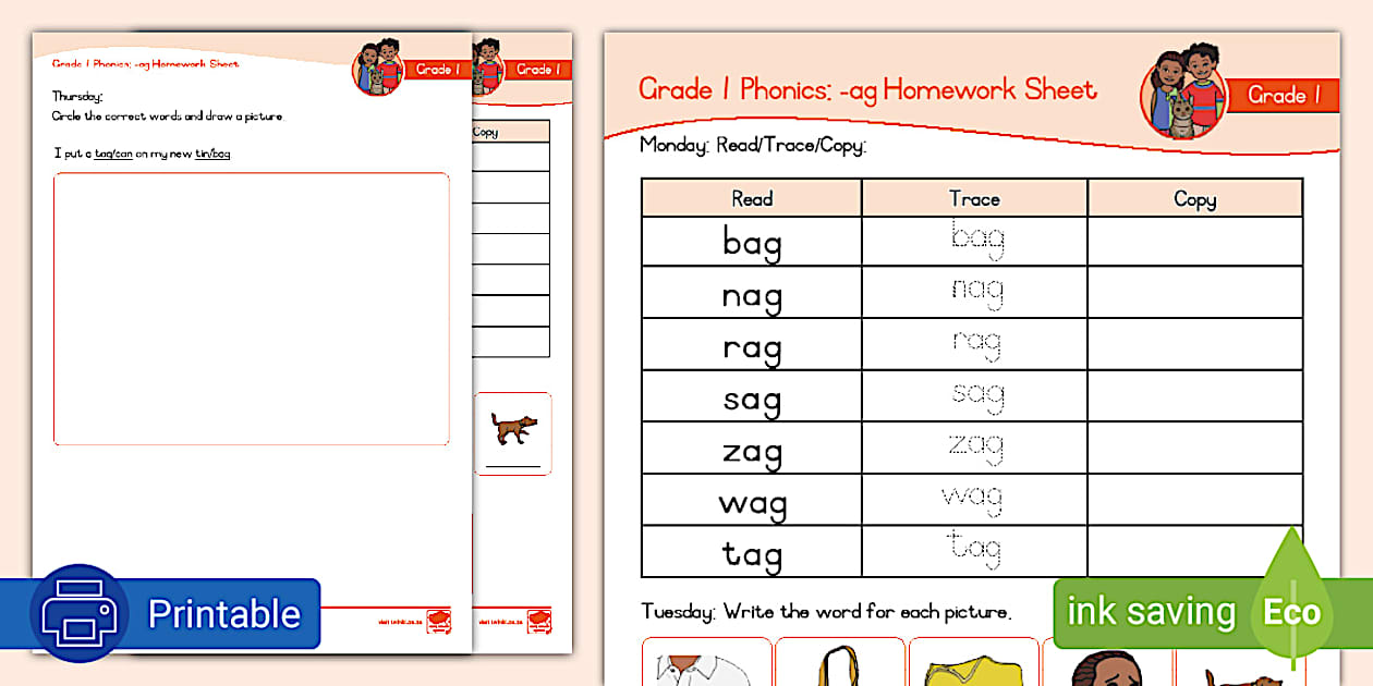 Grade 1 Phonics: -ag Homework Sheet (teacher made) - Twinkl