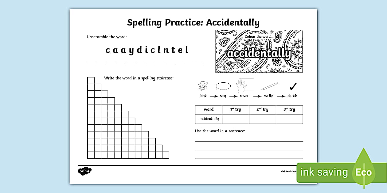 Accidentally Spelling Practice Worksheet - Twinkl