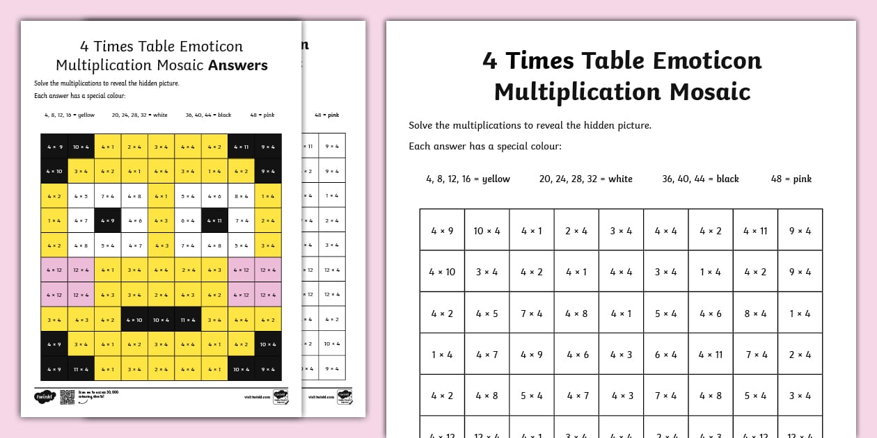 👉 4 Times Table Emoticon Multiplication Mosaic Activity Sheet