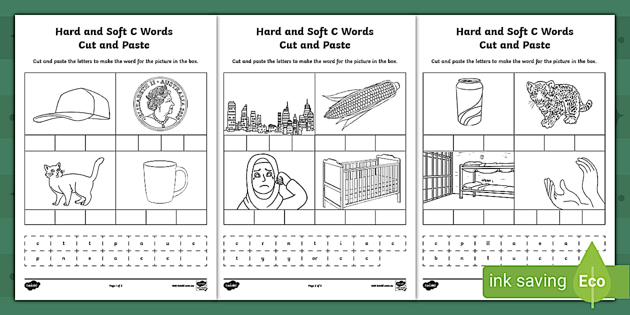 Hard and Soft C Words Cut and Paste Worksheets - Twinkl