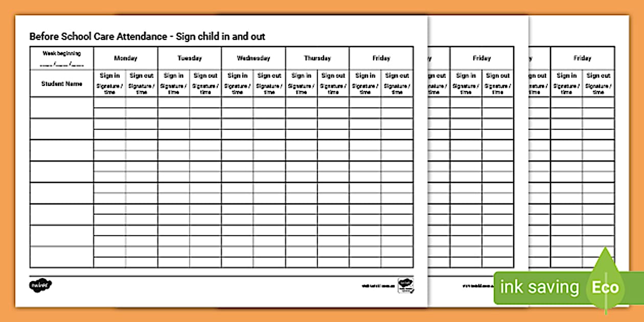 OSHC Editable Weekly Sign In and Out Attendance Sheet