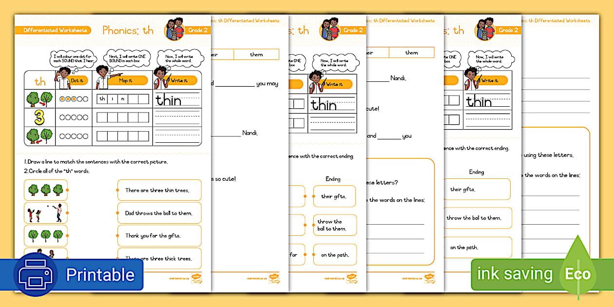 Grade 2 Phonics: th- Sound Differentiated Worksheets