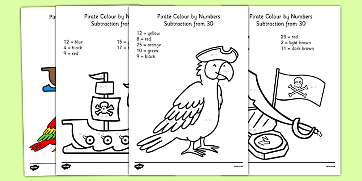 Pirate Themed Subtraction From 30 Colour By Numbers - Twinkl