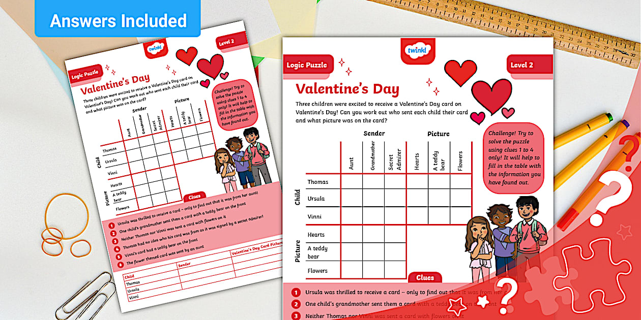Valentine’s Day Logic Puzzle - Level 2 - Twinkl - Puzzles