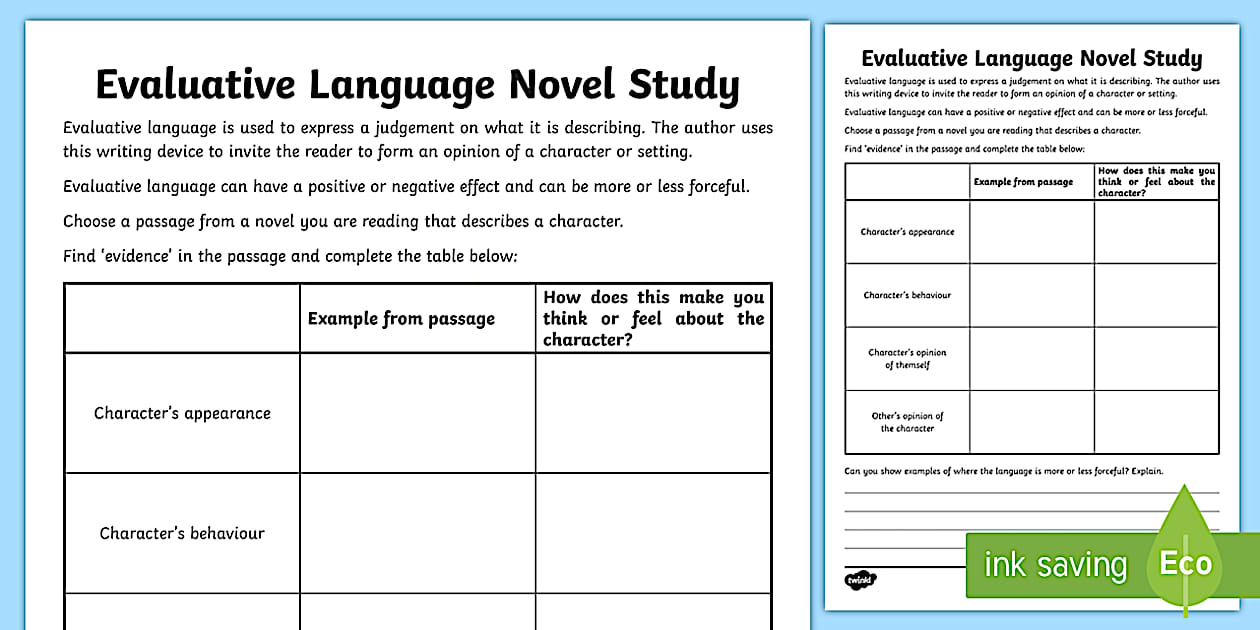 Evaluative Language Novel Study Activity (teacher made)