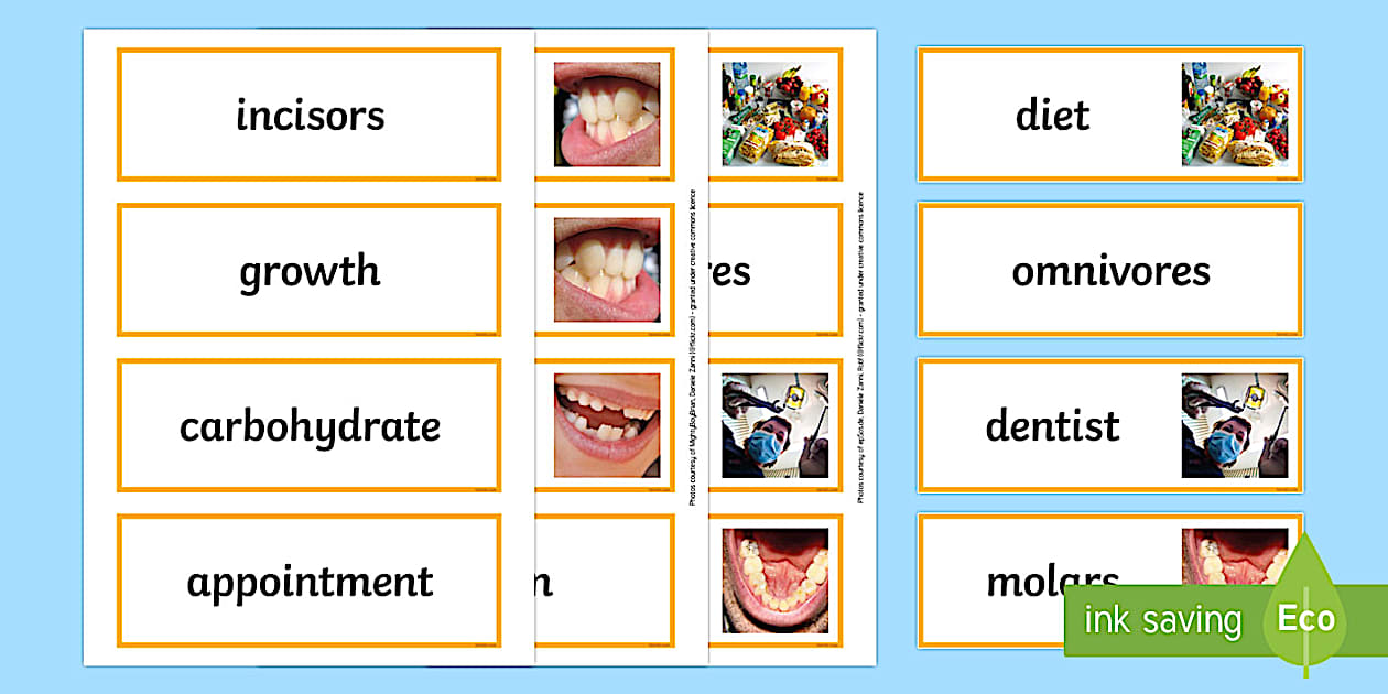 Cursive Teeth and Nutrition Word Cards - Twinkl