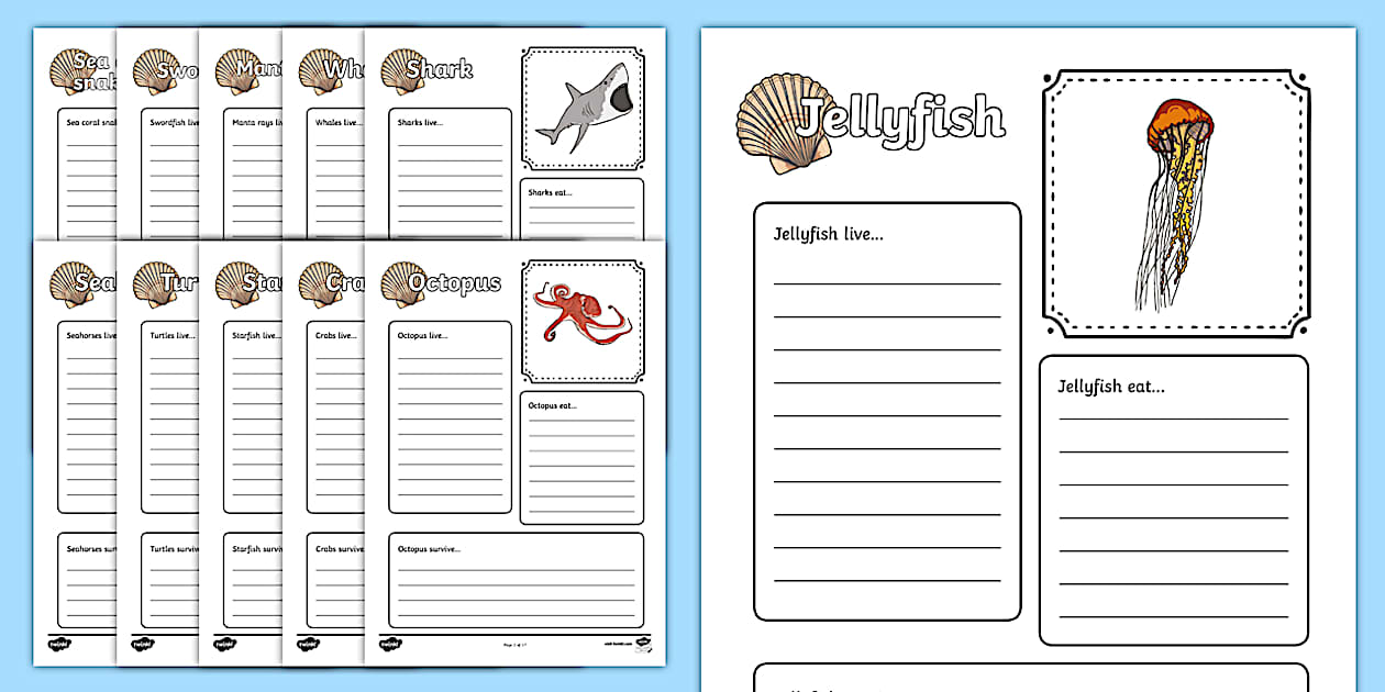 Sea Creatures for Kids Fact file Worksheets | Primary Science