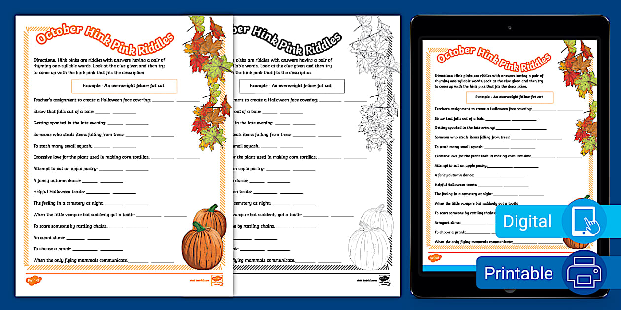 October Hink Pink Riddles Worksheet 6th-8th Grade - Twinkl