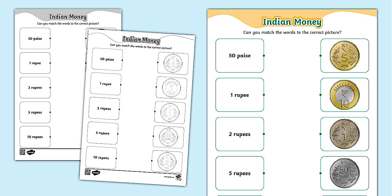 Indian Money Matching Worksheet (teacher made) - Twinkl