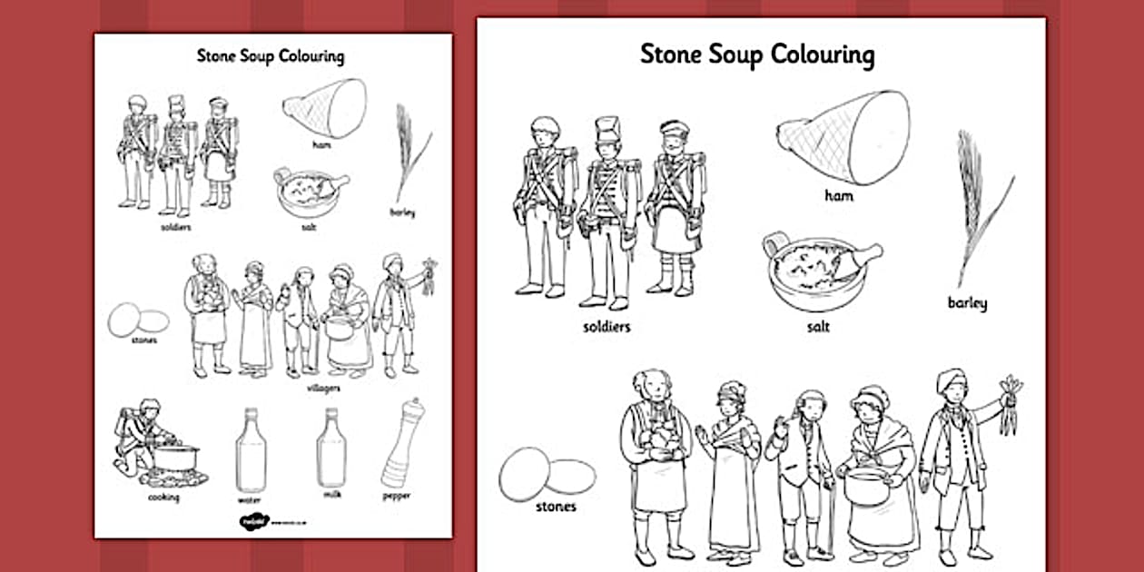 Stone Soup Words Colouring Sheet (teacher made) - Twinkl