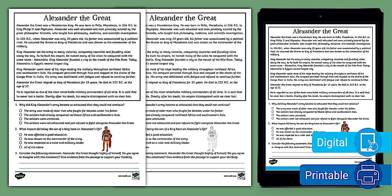 Sixth Grade Alexander the Great Reading Passage Comprehension