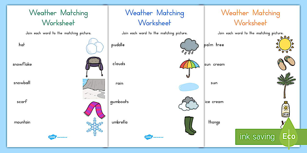 Black and White Winter Word and Picture Matching Worksheet Temperate