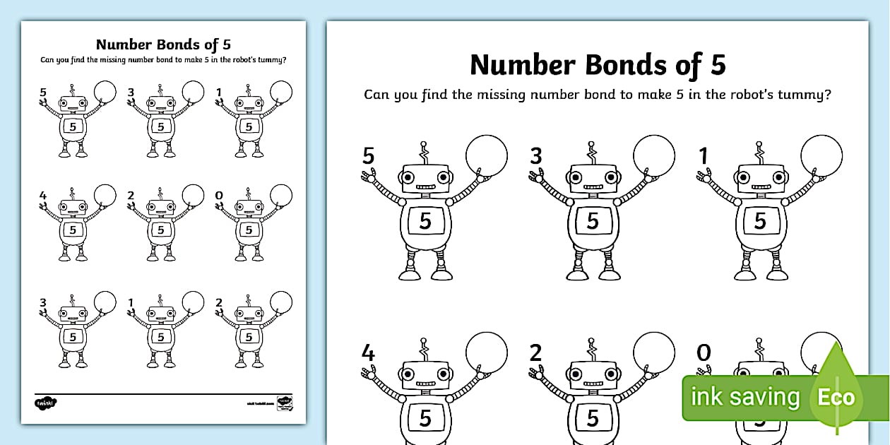 Number Bonds to 5 on Robots Worksheet - Primary Resources