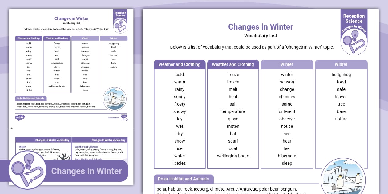 Changes in Winter Vocabulary List with Lanyard Insert