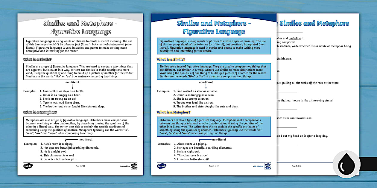 Simile and Metaphor Worksheet Pack | Twinkl (teacher made)