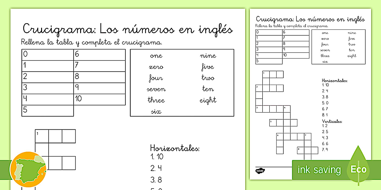 Crucigrama: Los números en inglés - Nivel A1 - Twinkl