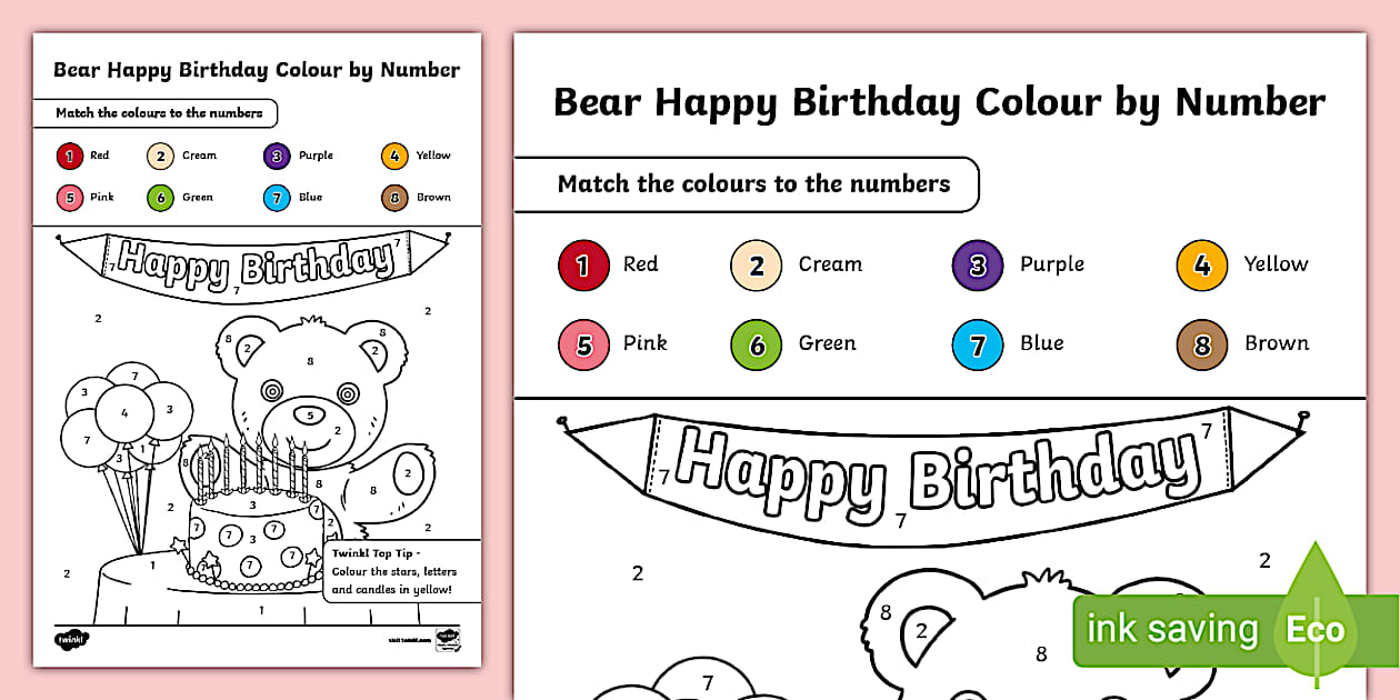 Bear Happy Birthday Colour by Number Activity (teacher made)