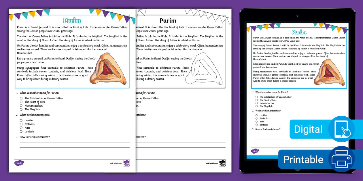 Fourth Grade Purim Reading Passage Comprehension Activity