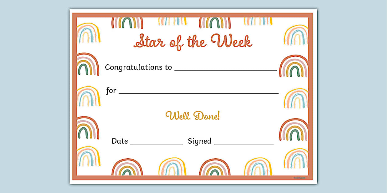 Muted Rainbow Themed Reward Certificate - Star of the Week