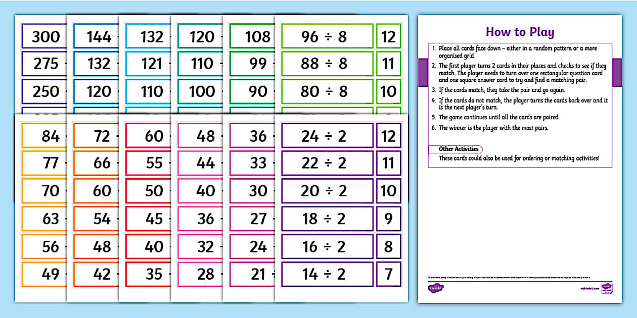 👉 Times Tables Division Facts Partner Cards Game Pack