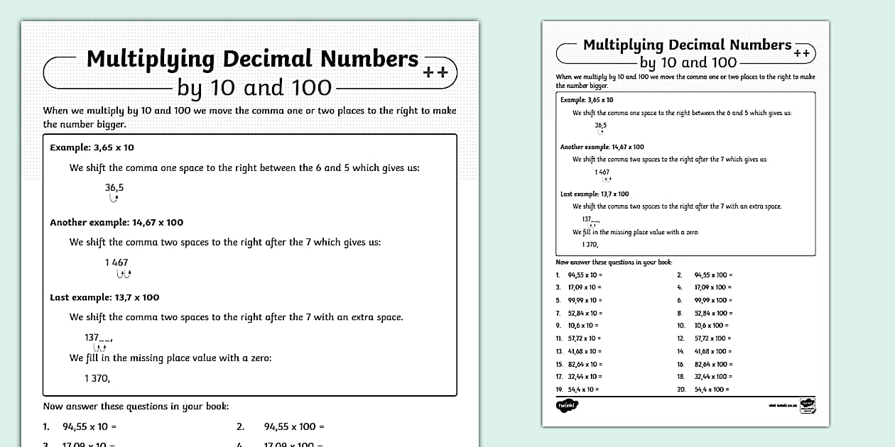 Multiplying Decimal Numbers by 10 and 100 Activity Sheet