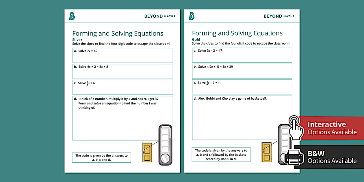 Escape the Room: Forming and Solving Equations Differentiated Challenge ...
