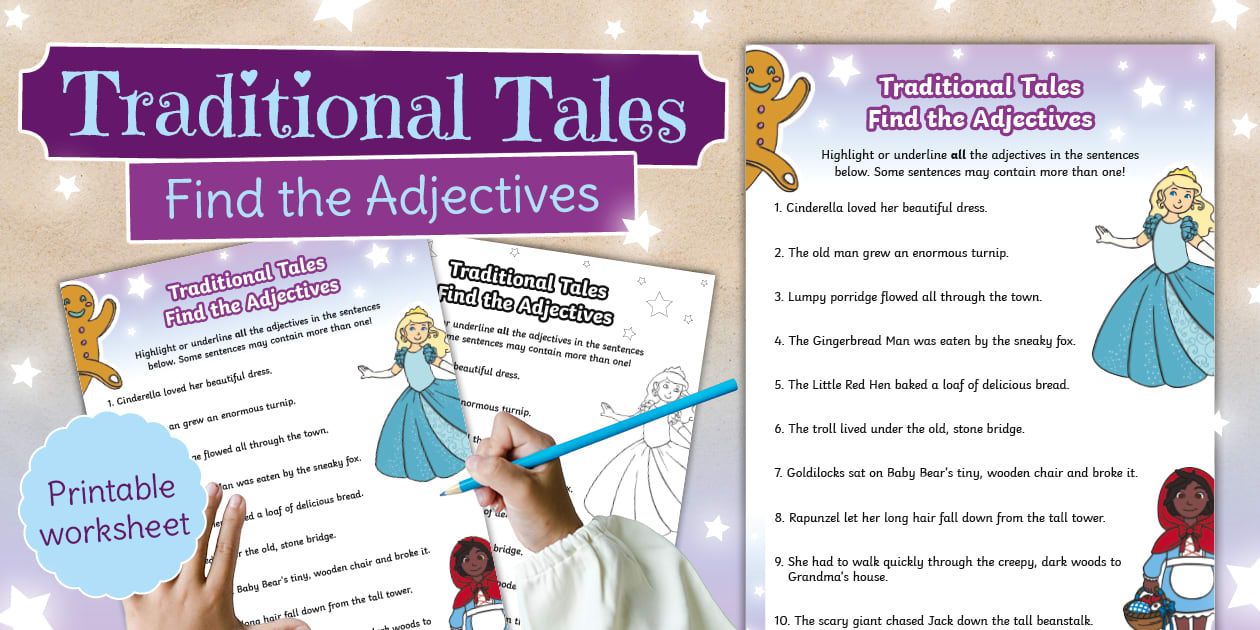 Traditional Tales Find the Adjectives - KS1 - Twinkl