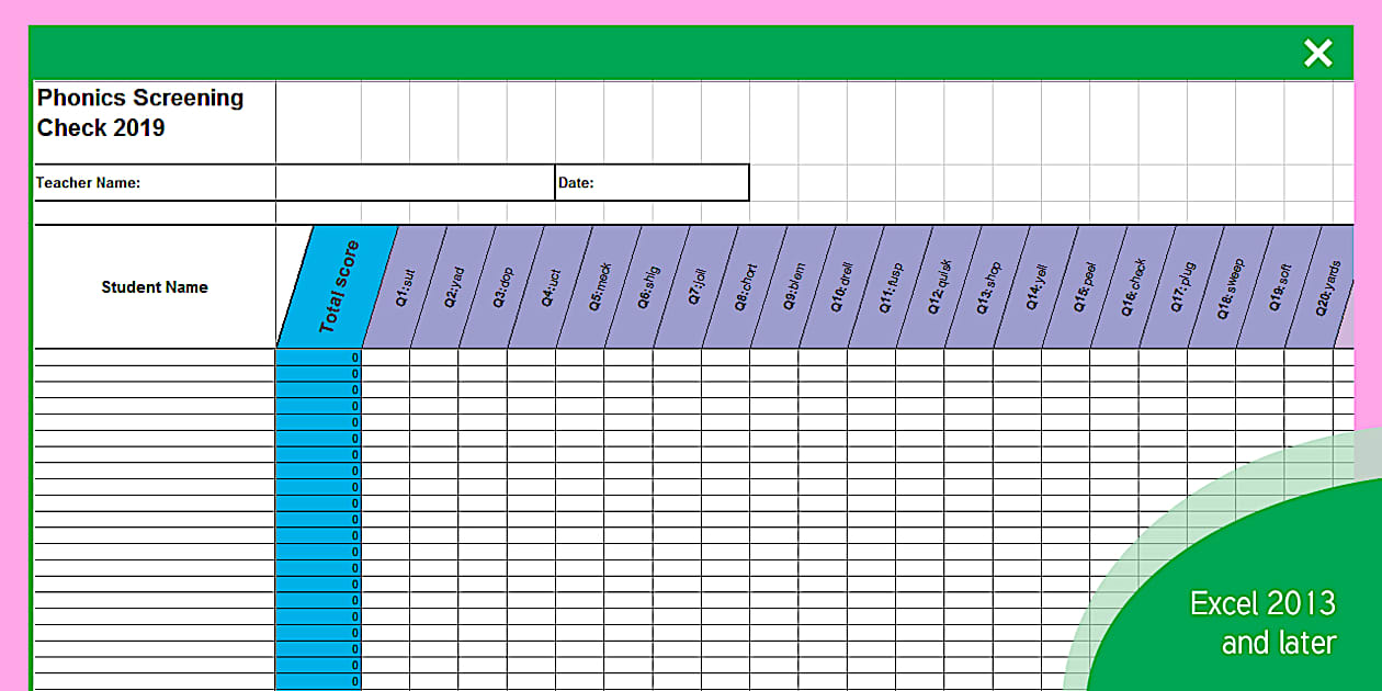 Analysis Grid for 2019 Phonics Screening Check Assessment Spreadsheet