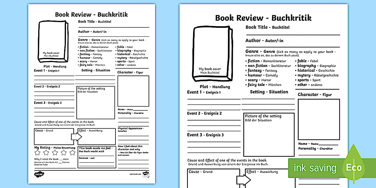 In Depth Book Review Writing Template English/German - In Depth Book Review